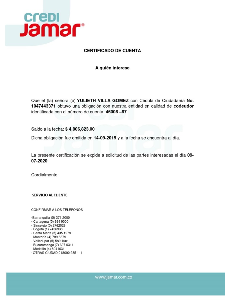 Certificado de Cuenta de Codeudor | PDF