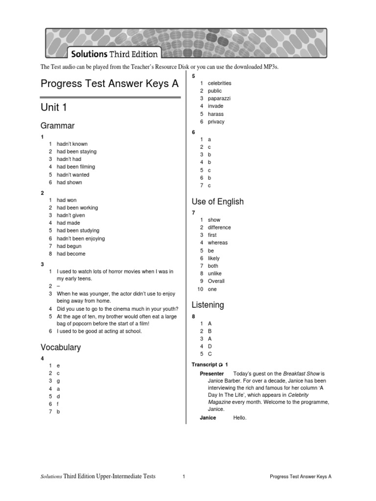 Progress Test Answer Keys A Unit 1: Grammar | PDF | Dietary Fiber ...
