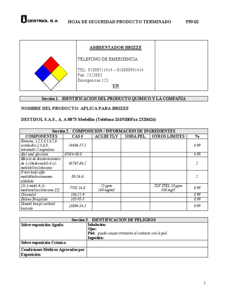 Hoja de Seguridad Ambientador Brizze | PDF | Toxicidad | Efecto adverso