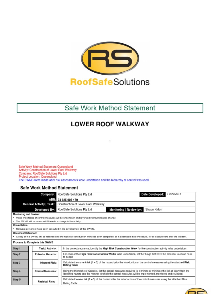 Safe Work Method Statement: Lower Roof Walkway | PDF | Risk Assessment ...