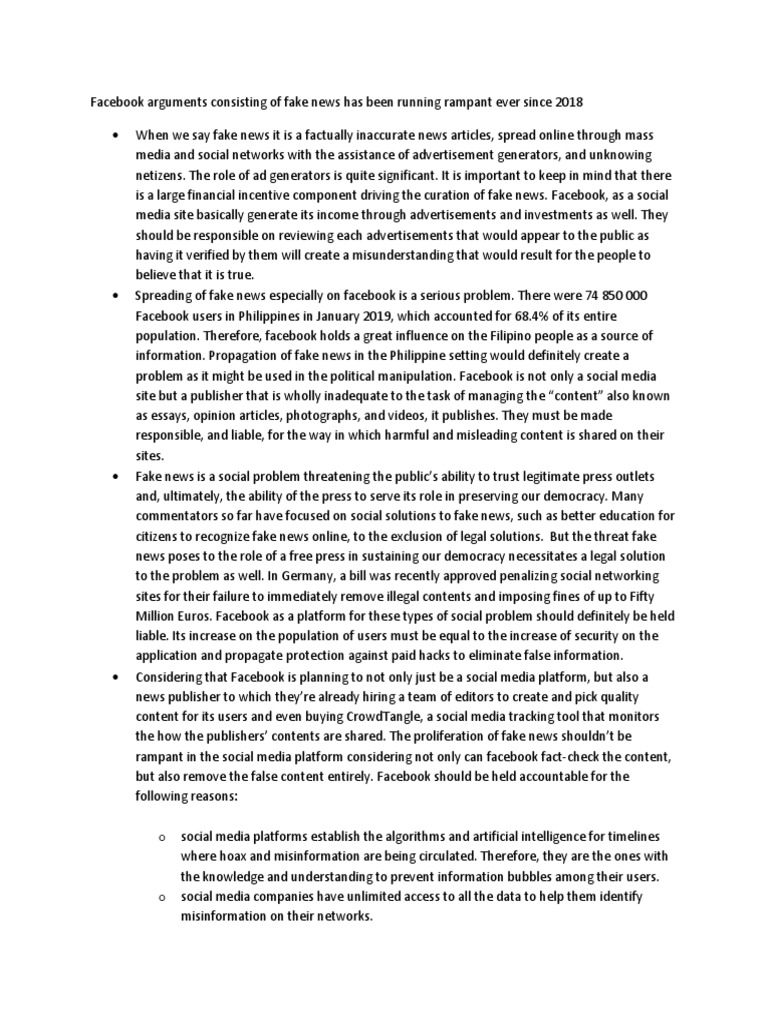 PRO Argument Facebook Fake News Dissemination | PDF | Social Media ...