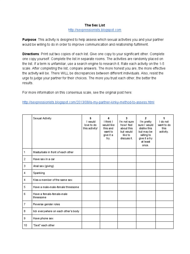 Activity Consensus List | PDF | Sexual Intercourse | Human Sexual Activity
