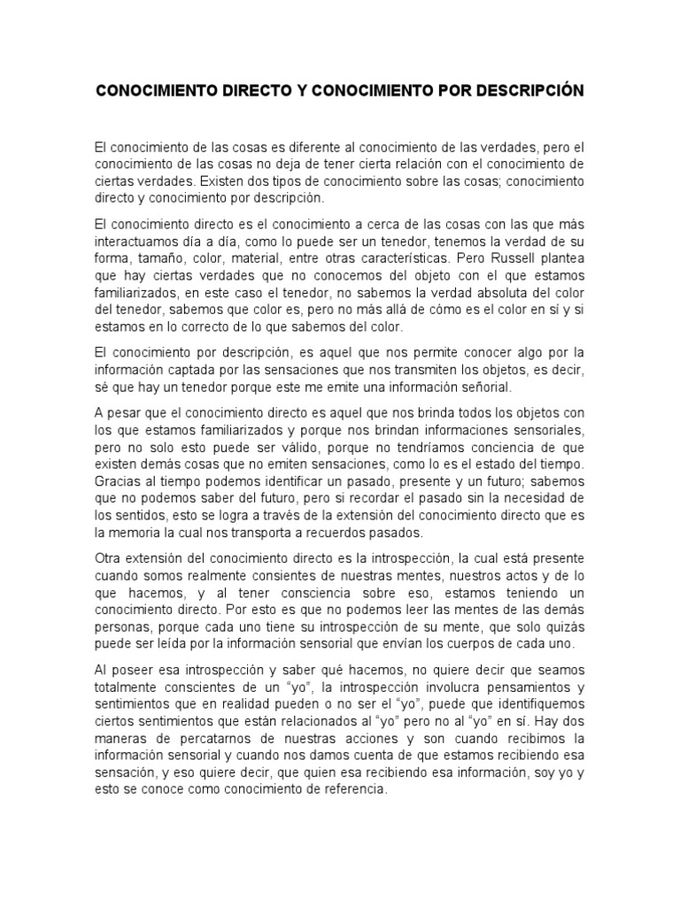 CONOCIMIENTO DIRECTO Y CONOCIMIENTO POR DESCRIPCIÓN | PDF ...