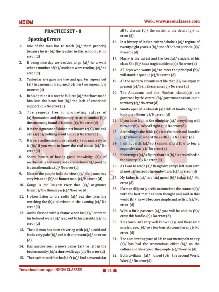 Practice Set - 8 Spotting Errors: and Moment I Returned (B) / Her Two ...