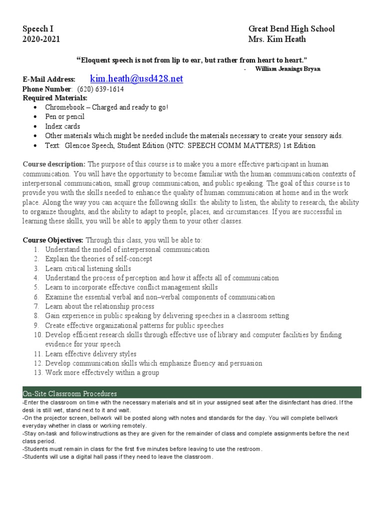 Speech Syllabus | PDF | Classroom | Interpersonal Communication