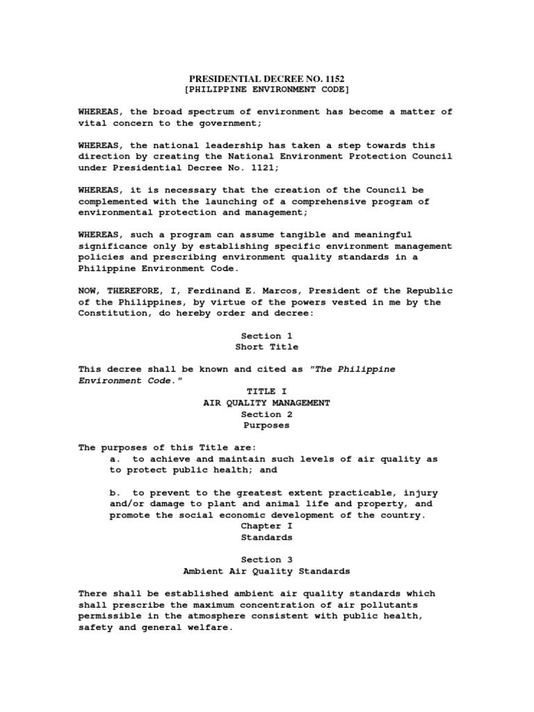 PD 1152 (Philippine Environment Code) | PDF | Waste Management | Air ...