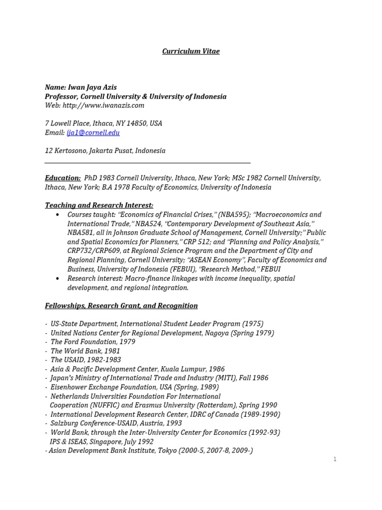 Iwan Azis CV - 1 PDF | PDF | Asian Development Bank | Great Recession