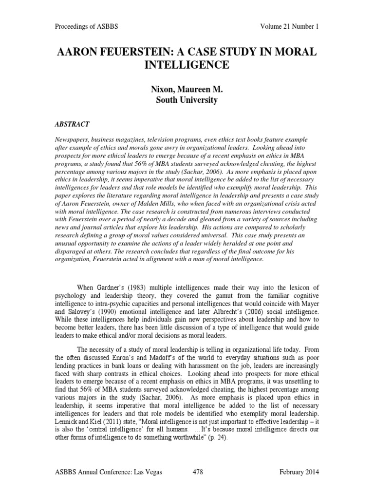 Aaron Feuerstein: A Case Study in Moral Intelligence: Nixon, Maureen M ...