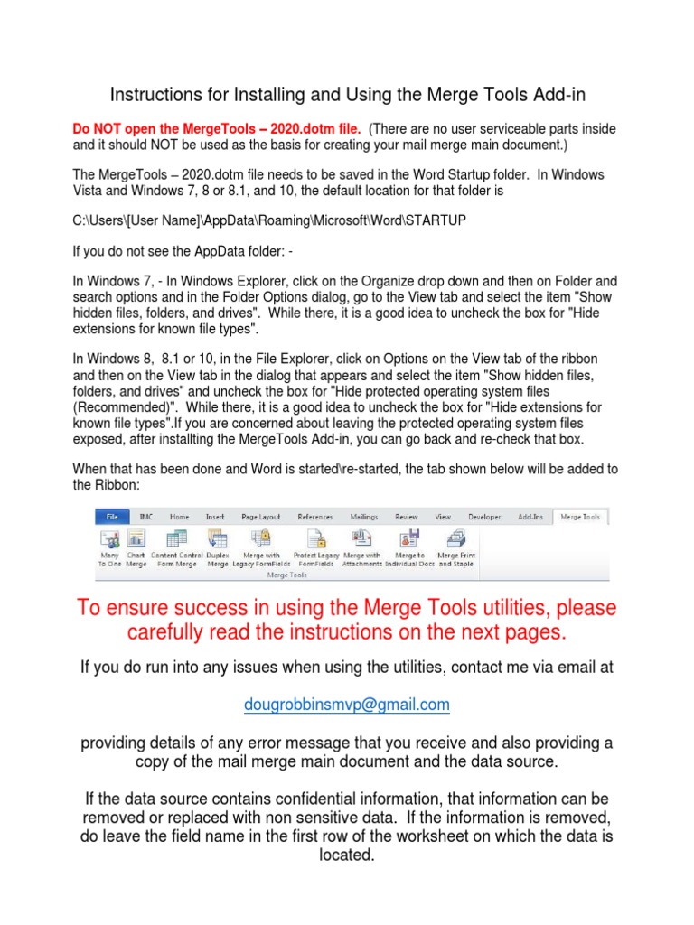 Instructions For Installing and Using The Merge Tools Add-In | PDF ...