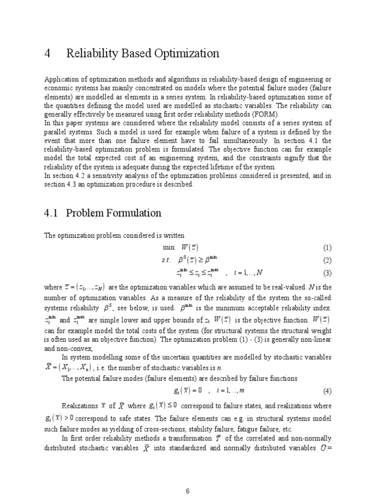 4 Reliability Based Optimization: 4.1 Problem Formulation | PDF ...