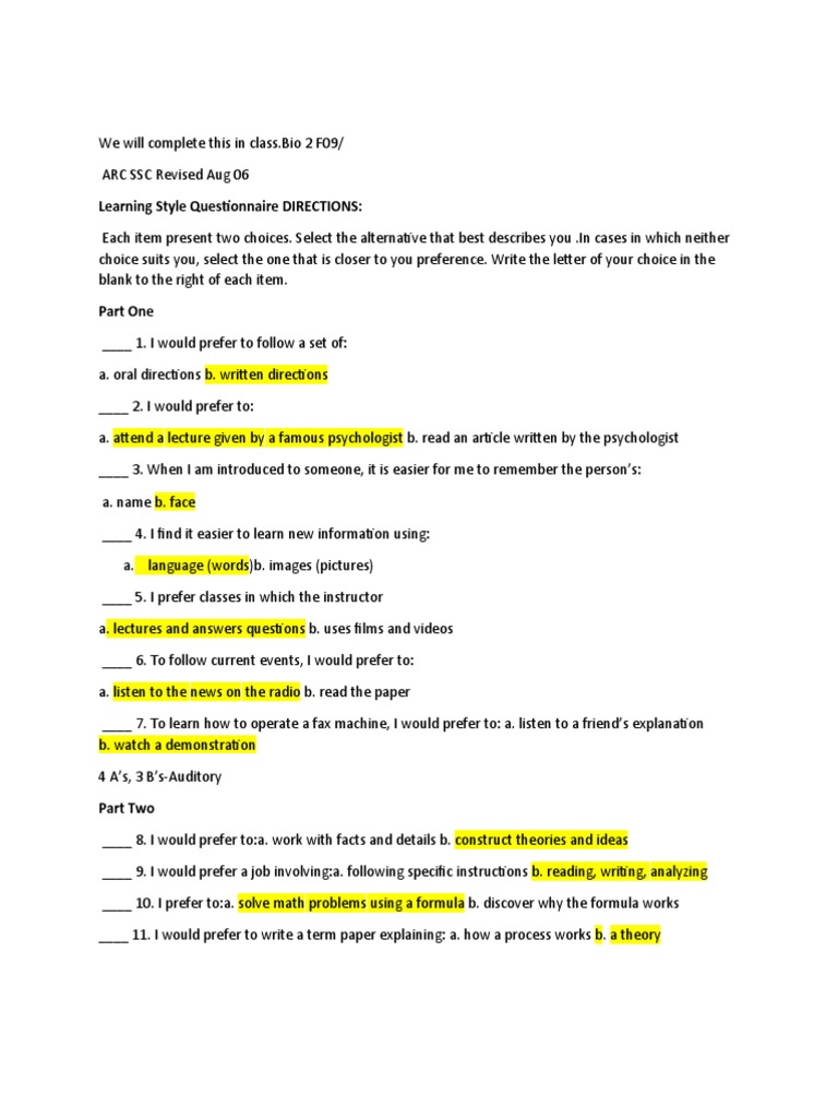 Learning Style Questionaire | PDF | Learning Styles | Neuropsychology