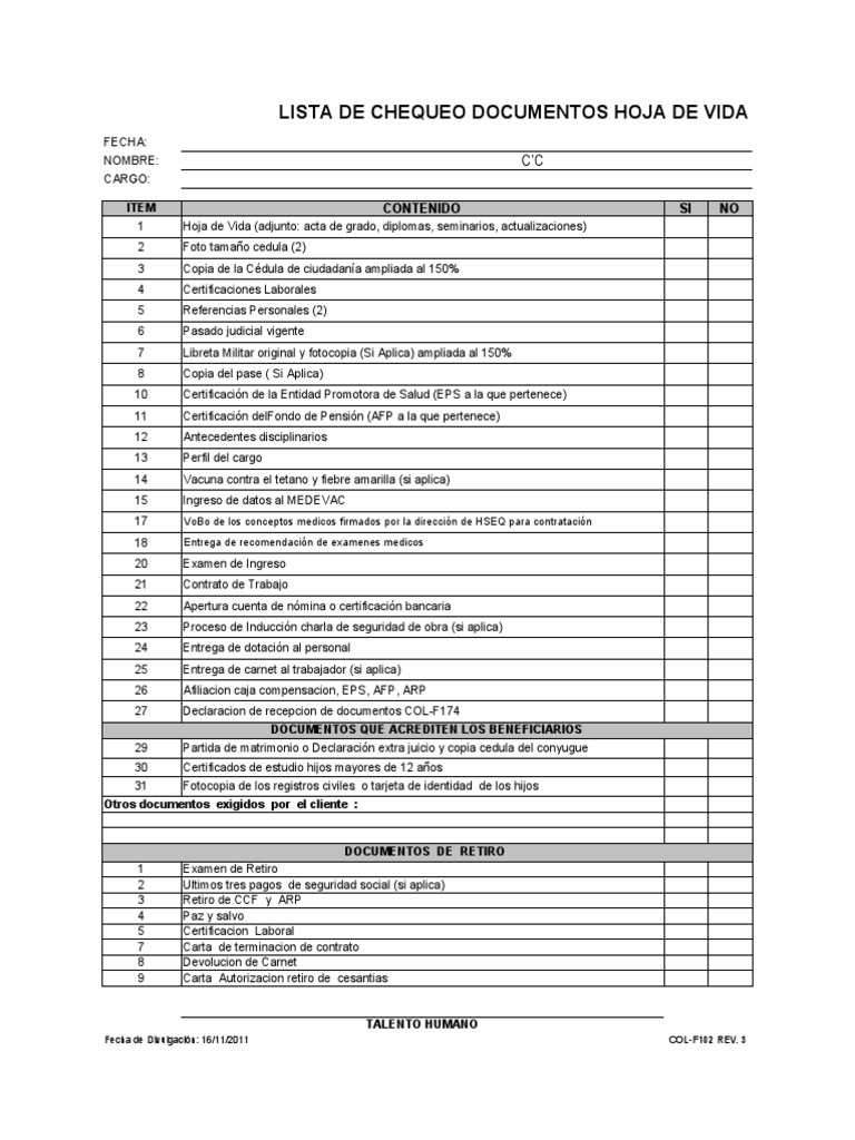Lista de Chequeo Documentos Hoja de Vida | PDF