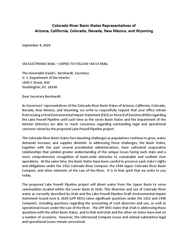 Six States Letter To SOI Sep 8 2020 | PDF | Colorado River | Government