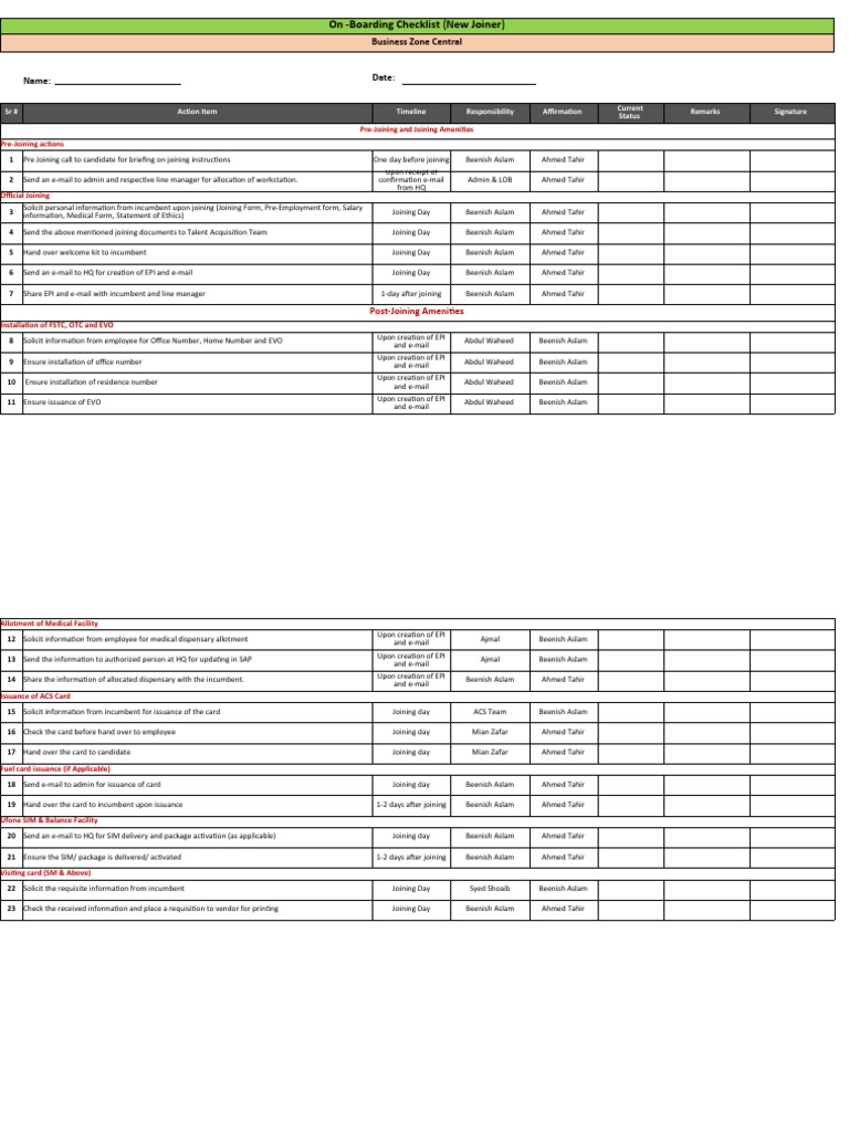 On - Boarding Checklist (New Joiner) : Business Zone Central | PDF ...