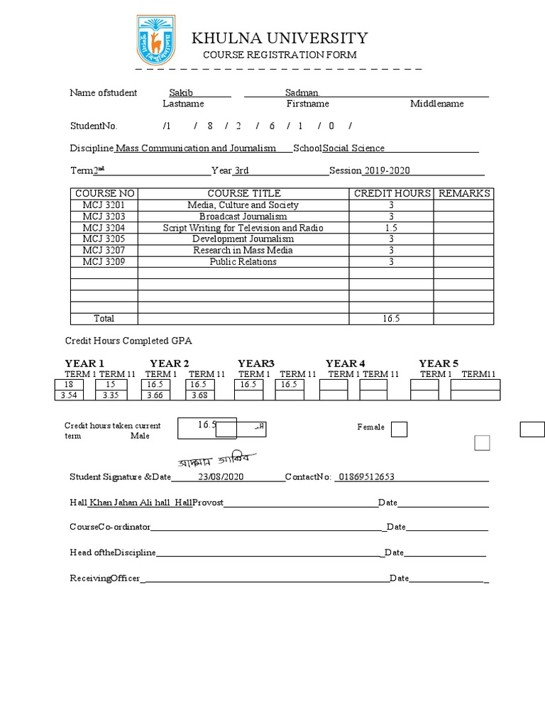 Khuna University Course Registration Form | PDF
