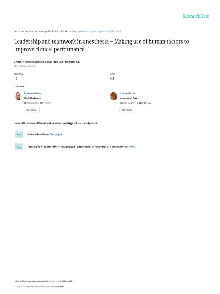 Leadership and Teamwork in Anesthesia - Making Use | PDF | Anesthesia ...