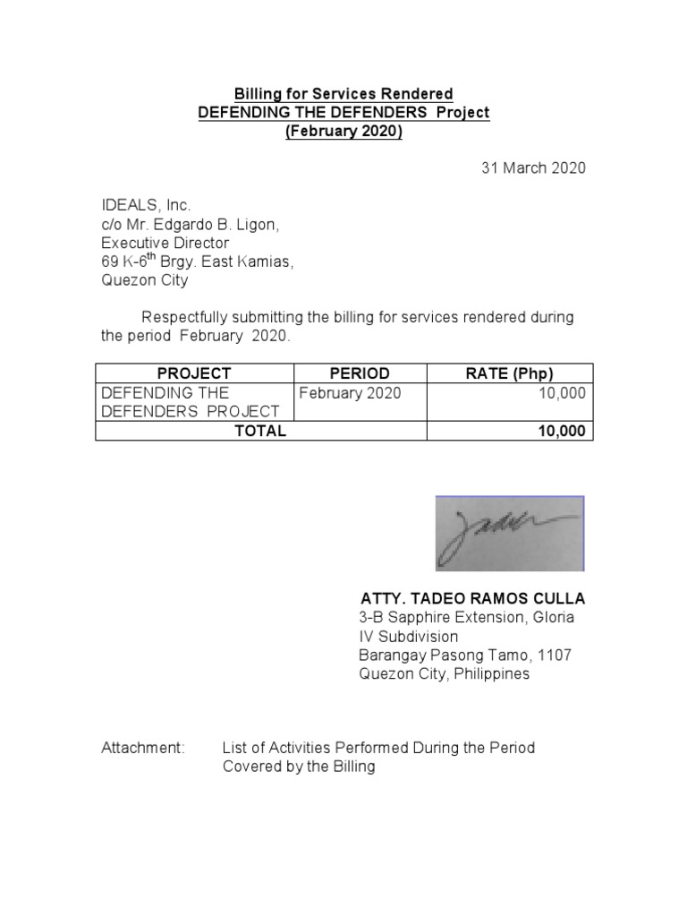 Billing For Services Rendered Defending The Defenders Project (February ...