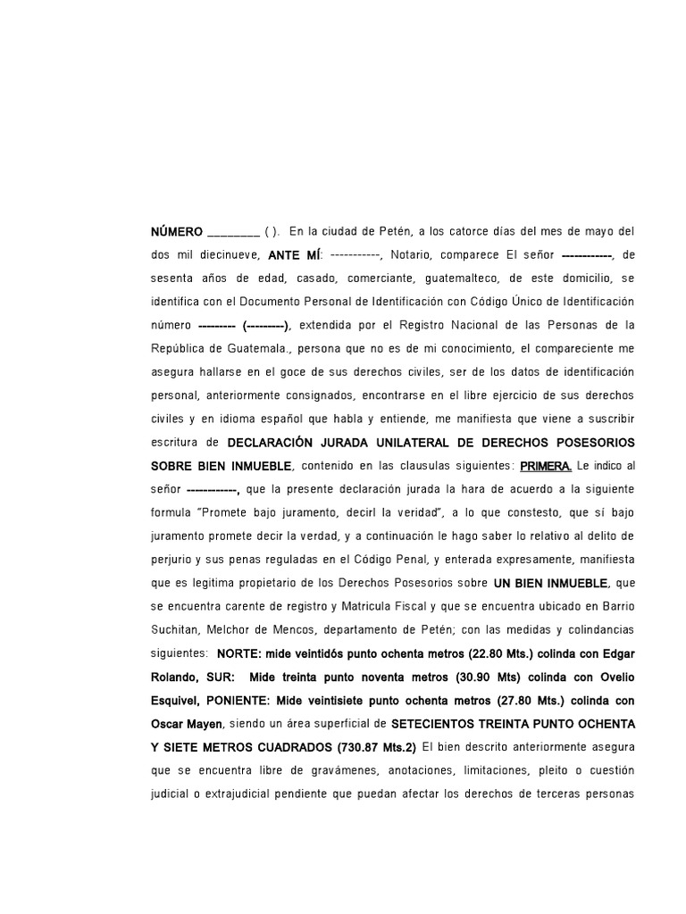 Declaración Jurada Unilateral de Derechos Posesorios | PDF | Posesión (Ley) | Ley común