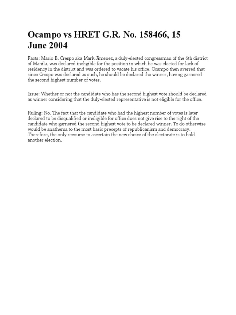 Ocampo Vs HRET, G.R. No. 158466, June 15, 2004 | PDF