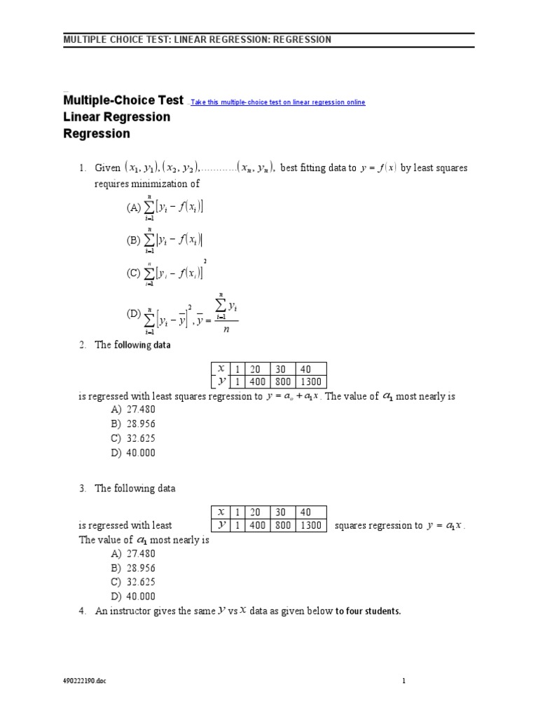 Multiple-Choice Test Linear Regression Regression: y X y X y X | PDF ...