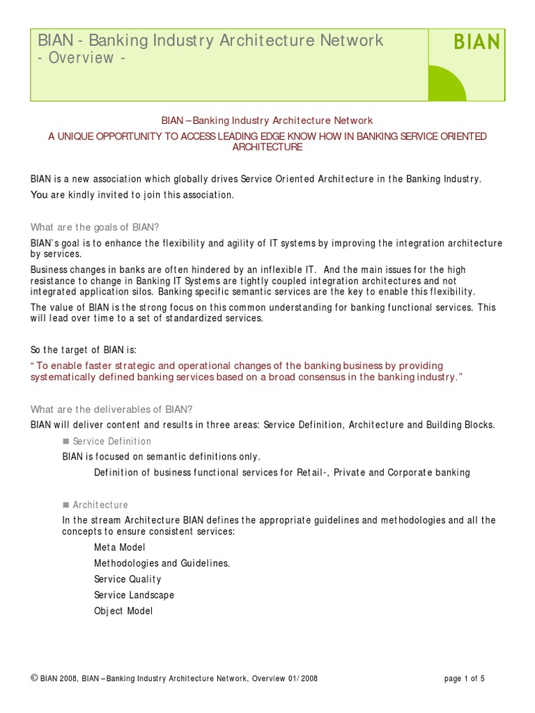 BIAN Overview 16-01-2008 | PDF | Service Oriented Architecture | Banks