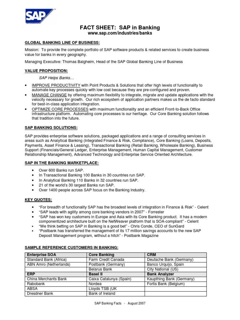 SAP Banking Solutions Fact Sheet | PDF | Sap Se | Research And Development