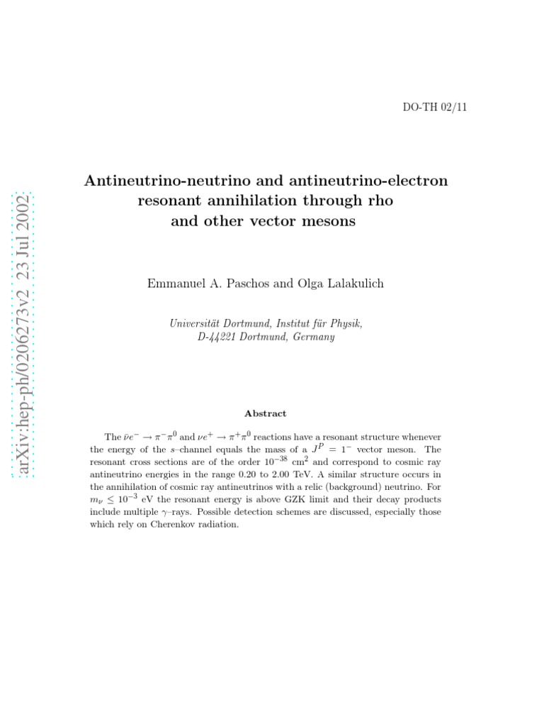 Antineutrino-Neutrino and Antineutrino-Electron Resonant Annihilation Through Rho and Other ...