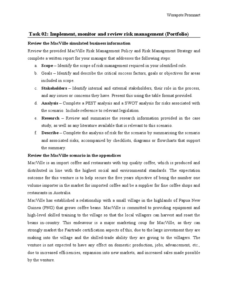 Task 02: Implement, Monitor and Review Risk Management (Portfolio ...