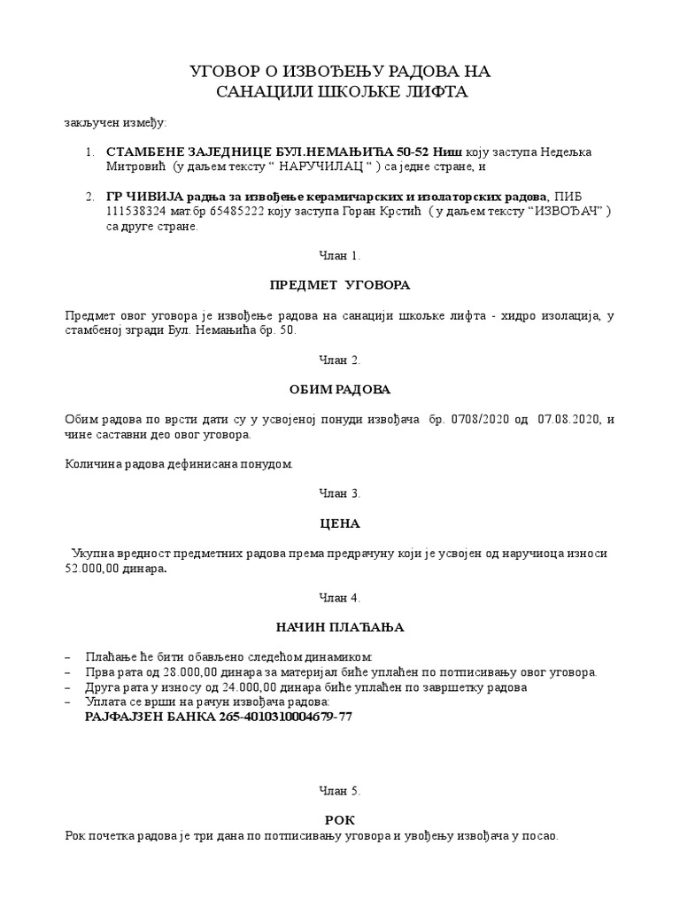 Ugovor Za Izvodjenje Radova Model Ugovora | PDF