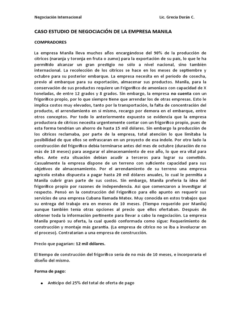 Caso Manila y Matex | PDF | Negociación | Oferta (economía)