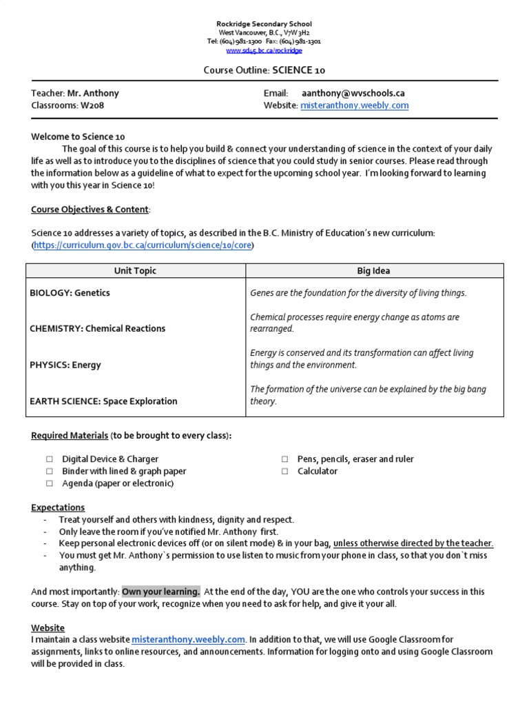 Science 10 Course Outline at Rockridge | PDF | Academic Dishonesty ...