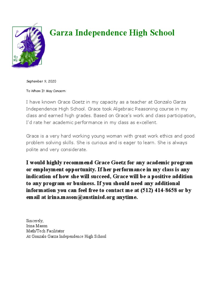 Grace Recomm Letter | PDF