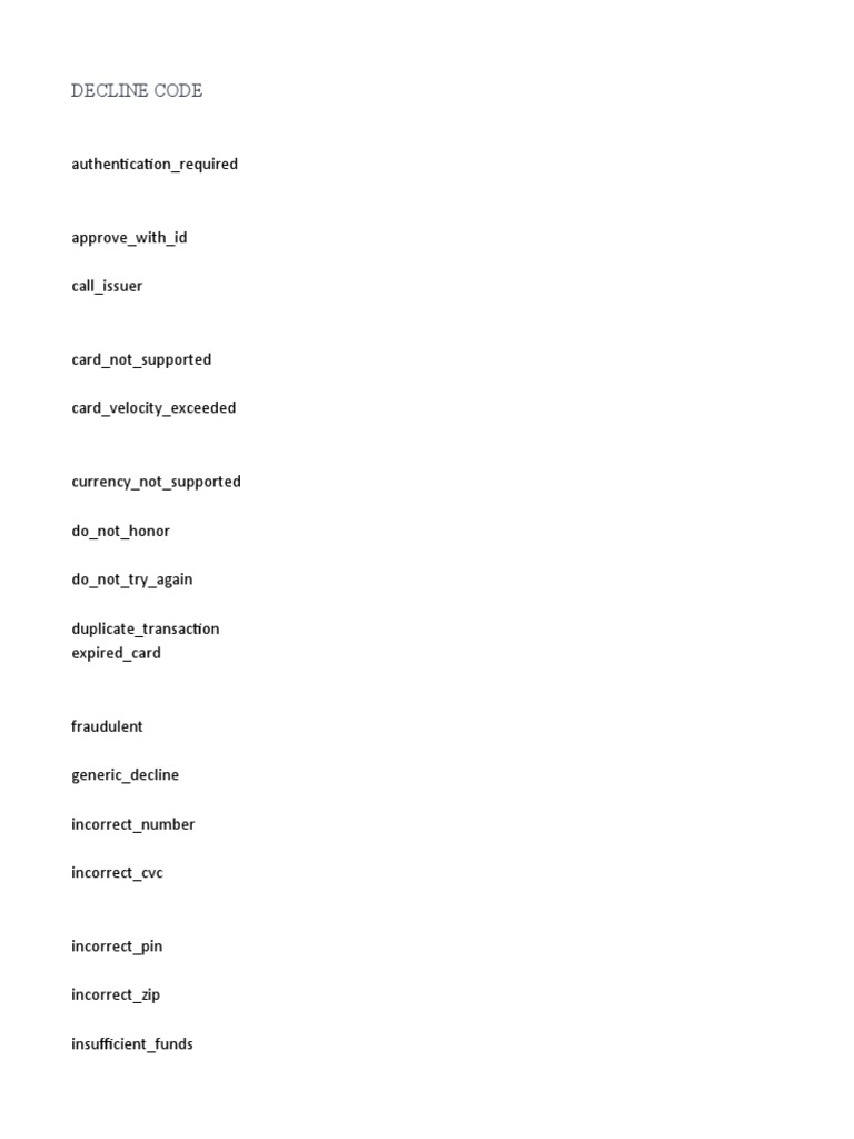 Decline Codes | PDF | Personal Identification Number | Payments