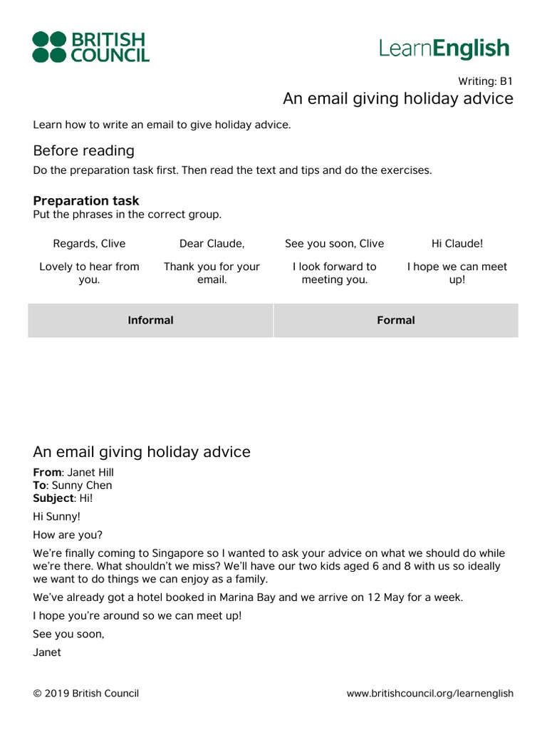 An Email Giving Holiday Advice: Before Reading | PDF