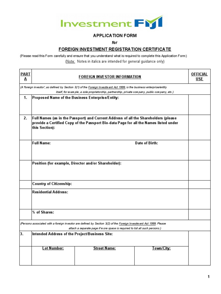 Foreign Investment Registration Form Fiji | PDF | Privately Held ...