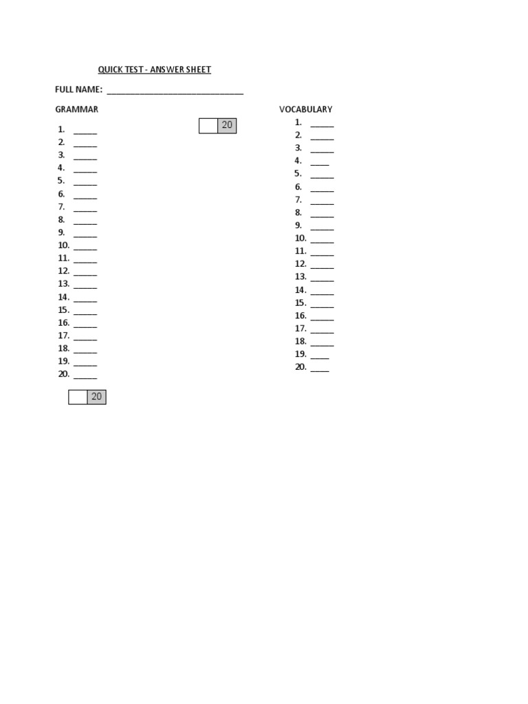 Quick Test Answer Sheet | PDF