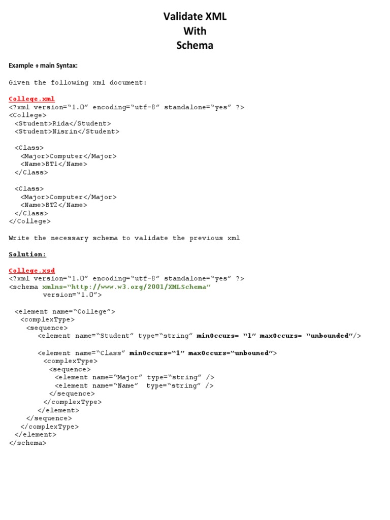 Validate Xml With Schema Example Main Syntax Pdf Xml Schema