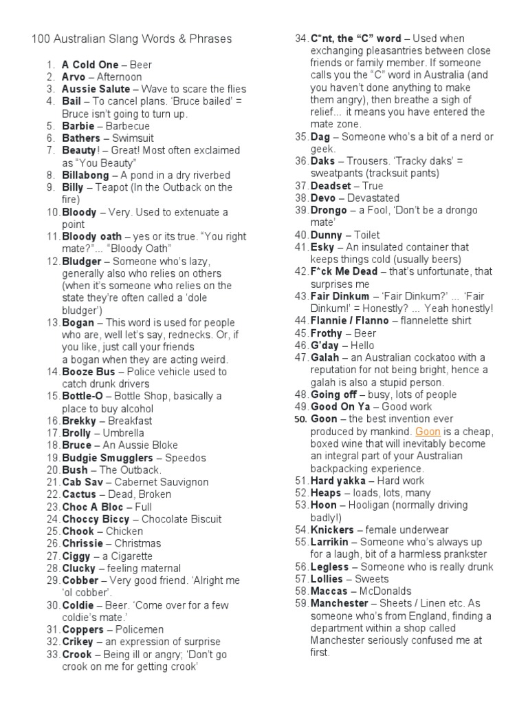 100 Australian Slang Words | PDF | Beverages | Clothing