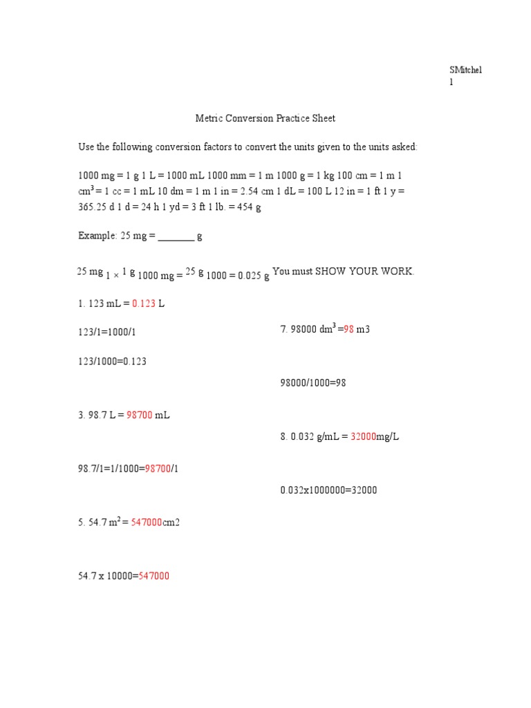 Factor Label Method Worksheet | PDF