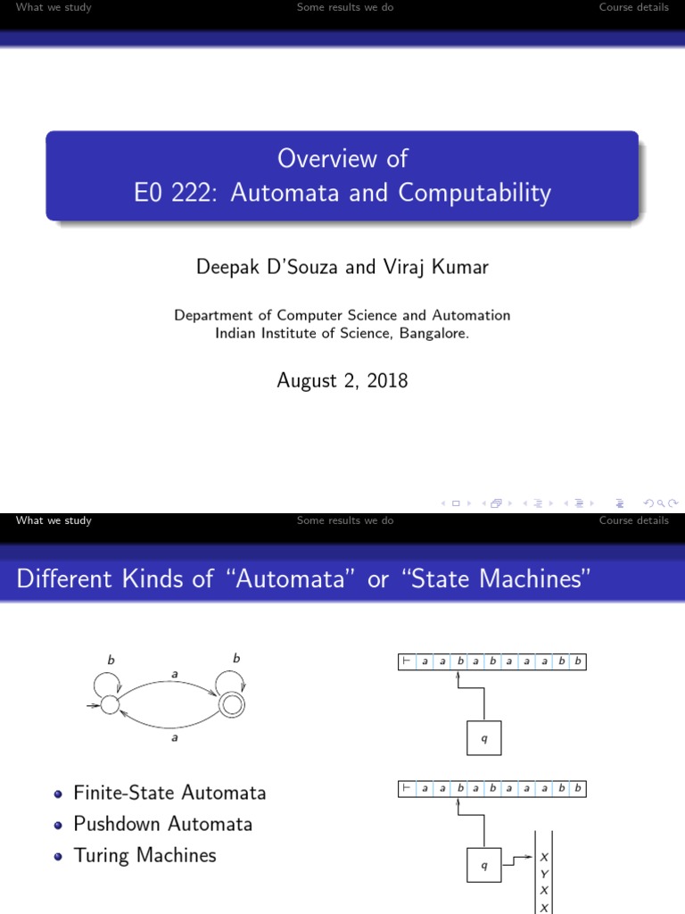 Overview of E0 222: Automata and Computability: Deepak D'Souza and Viraj Kumar | PDF | Formal ...
