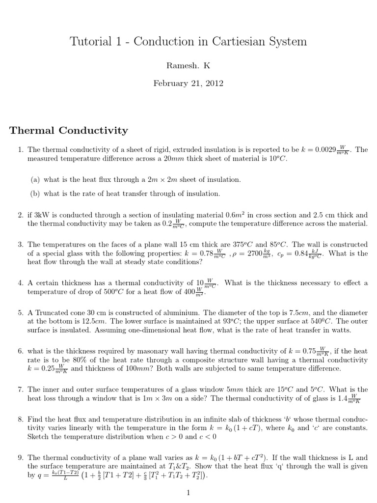 Tutorial 1 - Conduction in Cartiesian System: Thermal Conductivity | PDF | Thermal Conductivity ...