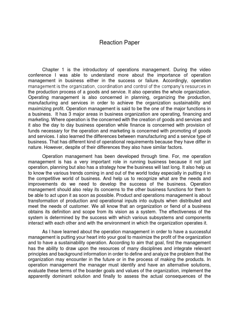 Reaction Paper in Operations Management | Download Free PDF ...