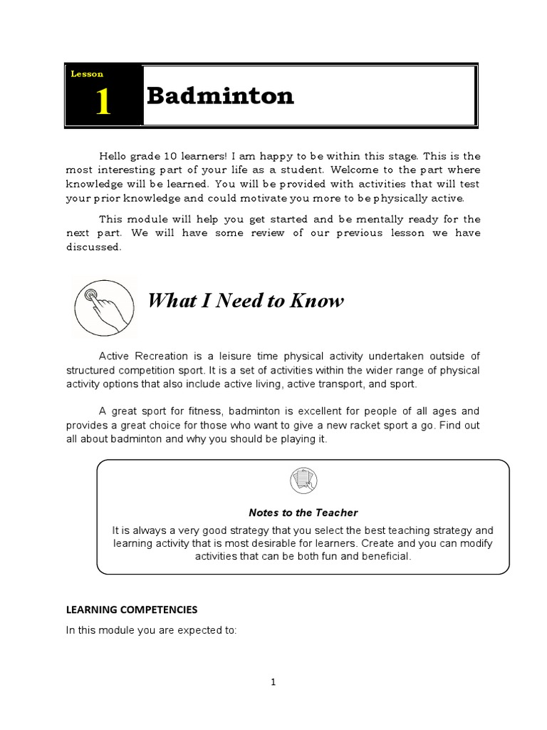 PE10 Q1 - Mod1 - Active Recreation Sports Lesson 1 7 - v3 | PDF | Table ...