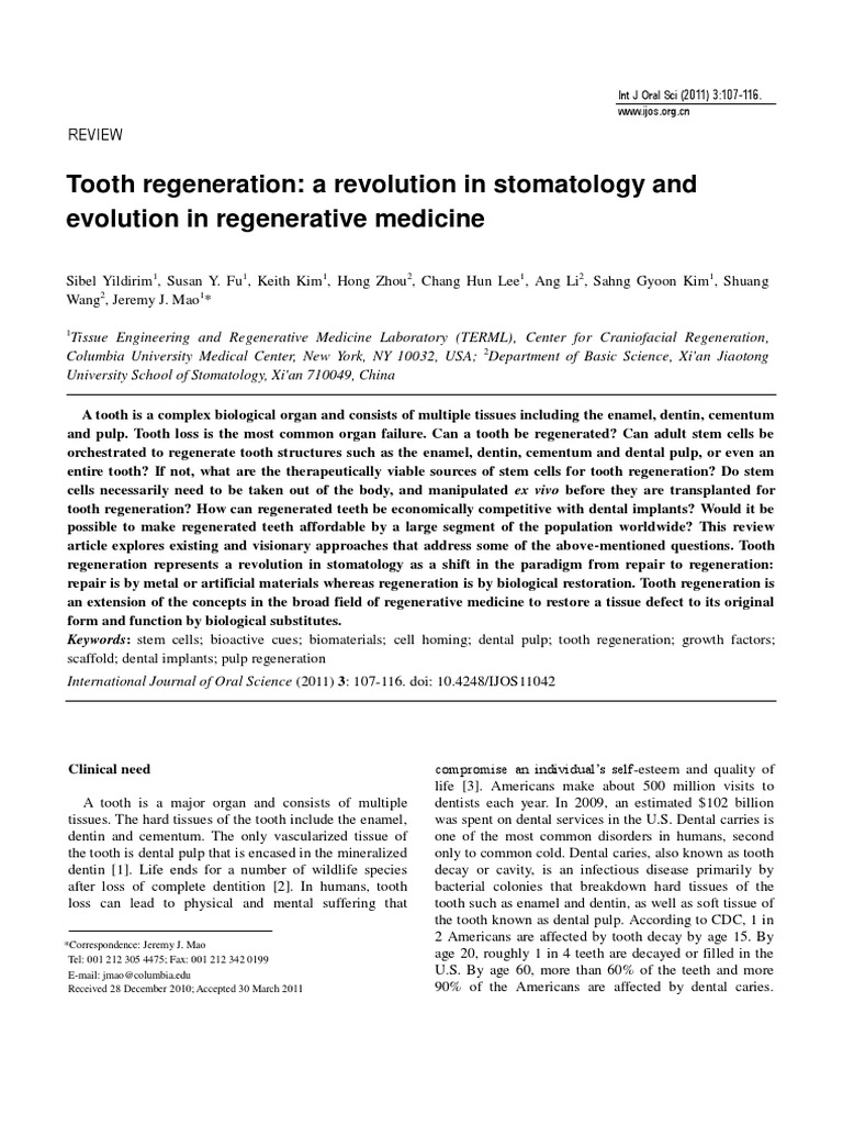 Tooth Regeneration: A Revolution in Stomatology and Evolution in ...