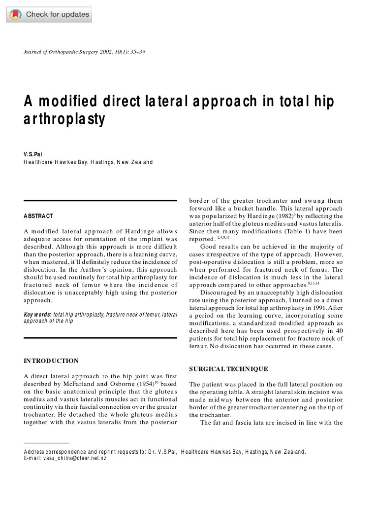 A Modified Direct Lateral Approach in Total Hip Arthroplasty | PDF ...