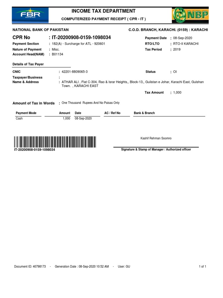 Income Tax Department: Computerized Payment Receipt (CPR - It) | PDF