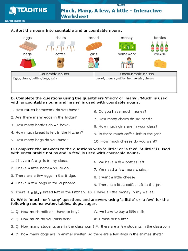 Much, Many, A Few, A Little - Interactive Worksheet: Esl / Efl Resour ...