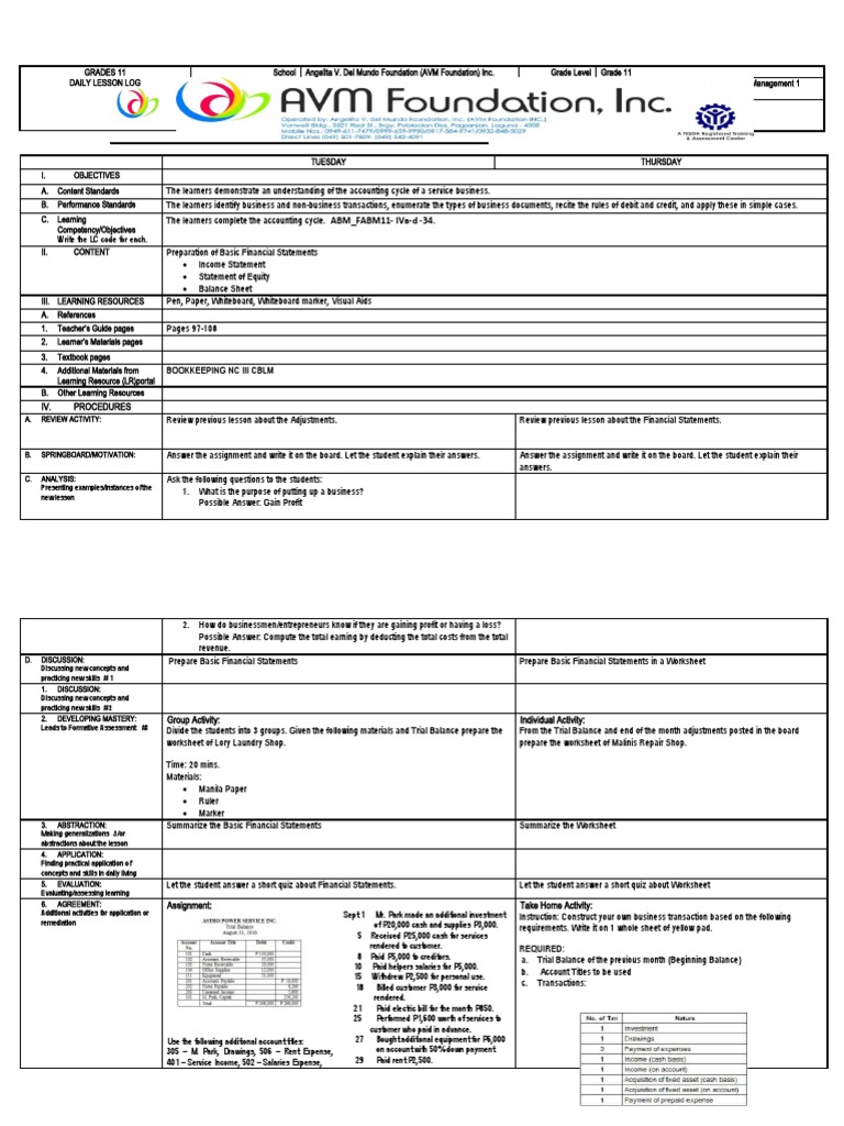 DLL FABM Week14 | PDF | Worksheet | Bookkeeping