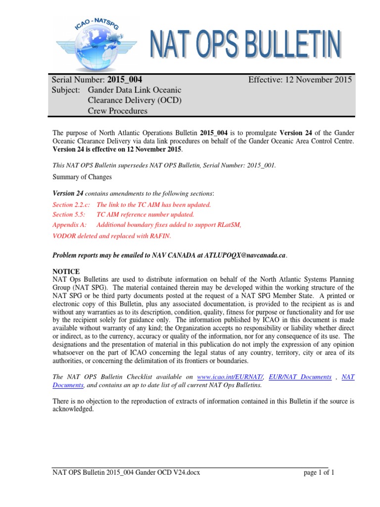 NAT OPS Bulletin Gander OCD V24 | PDF | Air Traffic Control | Aviation