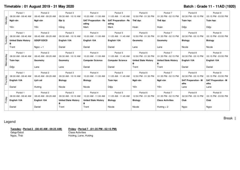 Grade 11 Timetable 2019-2020 | PDF